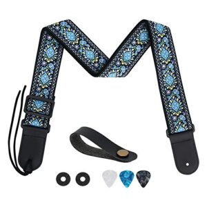 tifanso guitar strap jacquard weave guitar strap with leather ends - soft adjustable acoustic guitar strap for electric bass, come with strap button, 1 pair strap locks and 3 guitar picks