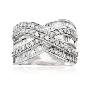 ross-simons 1.25 ct. t.w. baguette and round diamond highway ring in sterling silver. size 7