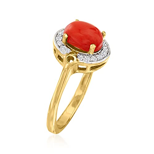 Ross-Simons Orange Coral and .11 ct. t.w. Diamond Ring in 18kt Gold Over Sterling. Size 8