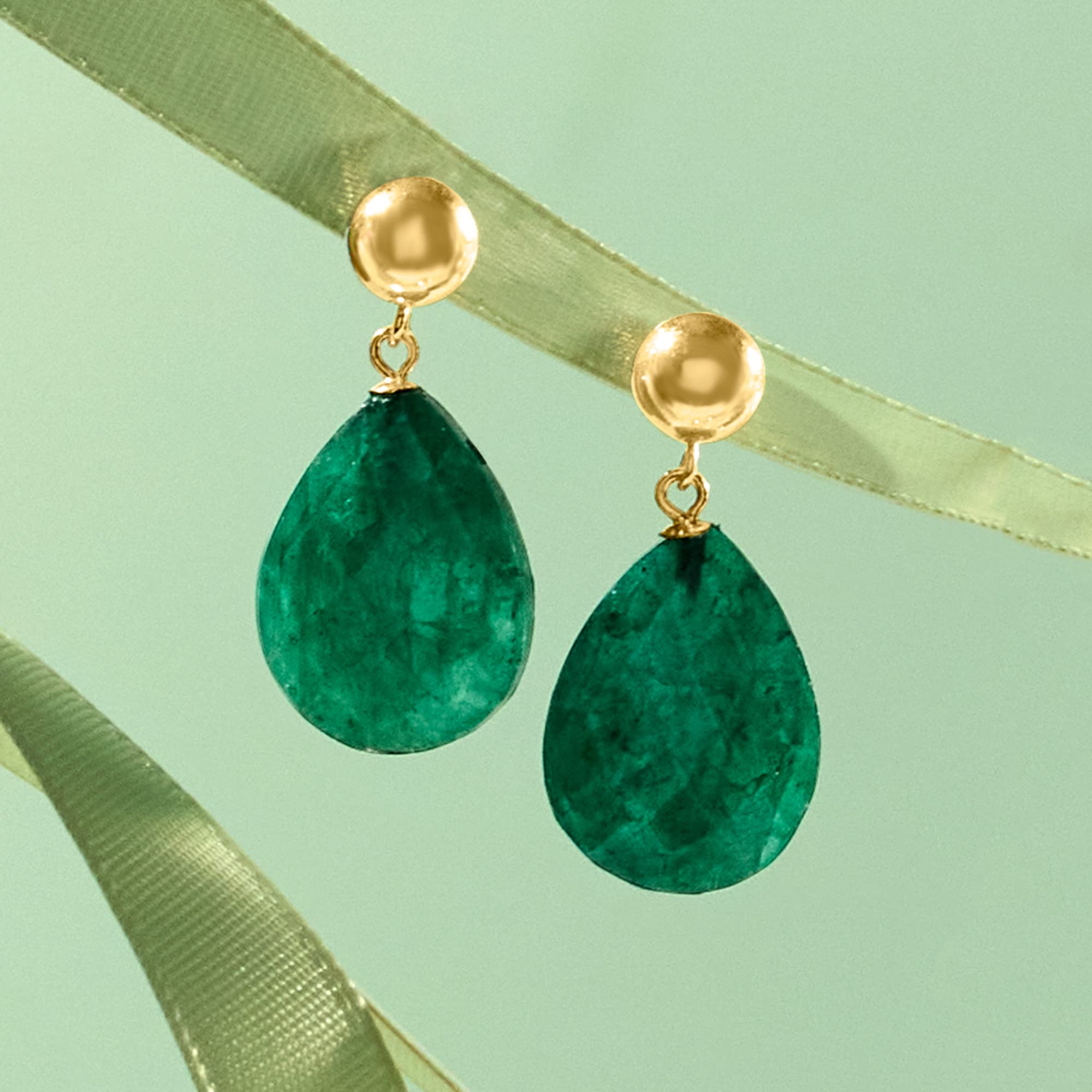 Ross-Simons 18.00 ct. t.w. Emerald Teardrop Earrings in 14kt Yellow Gold