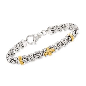 ross-simons sterling silver byzantine bracelet with 14kt yellow gold bumblebee and bar stations. 7 inches