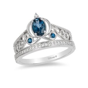 jewelili enchanted disney fine jewelry sterling silver 6x4 mm london blue topaz with 1/10 cttw diamonds cinderella carriage tiara ring, size 7