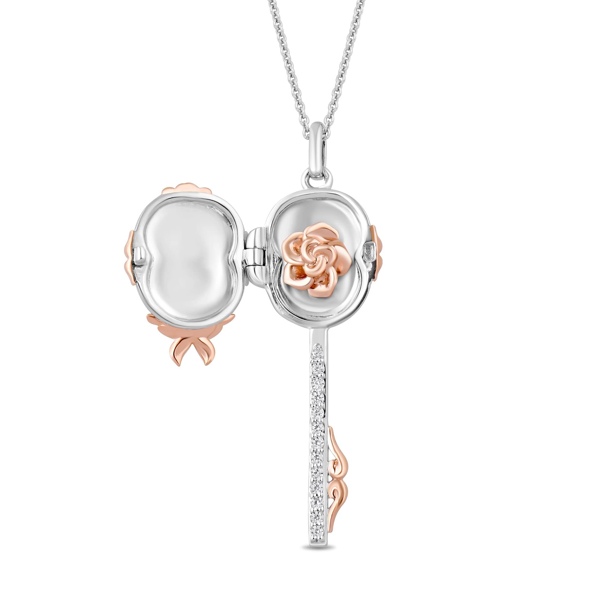 Jewelili Enchanted Disney Fine Jewelry 14K Rose Gold Over Sterling Silver Natural White Round Diamond Accent Belle Key Pendant Necklace