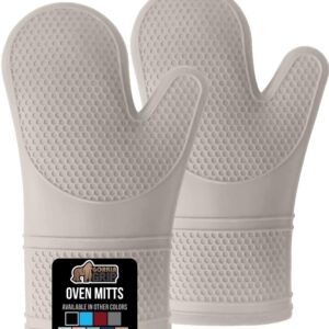 Gorilla Grip Heat and Slip Resistant Silicone Oven Mitts Set, Soft Cotton Lining, Waterproof, BPA-Free, Long Flexible Thick Gloves for Cooking, Kitchen Mitt Potholders, 12.5 in, Almond