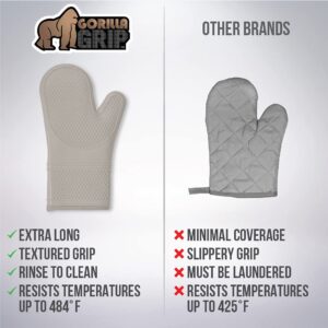 Gorilla Grip Heat and Slip Resistant Silicone Oven Mitts Set, Soft Cotton Lining, Waterproof, BPA-Free, Long Flexible Thick Gloves for Cooking, Kitchen Mitt Potholders, 12.5 in, Almond