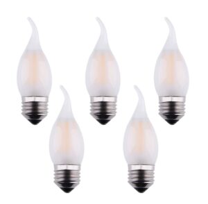 opalray c35 6w(60w incandescent replacement) led candelabra bulb, led filament bulb with e26 medium base, soft warm white light, eye-protect frosted glass housing, dimmable, flame tip, 5-pack