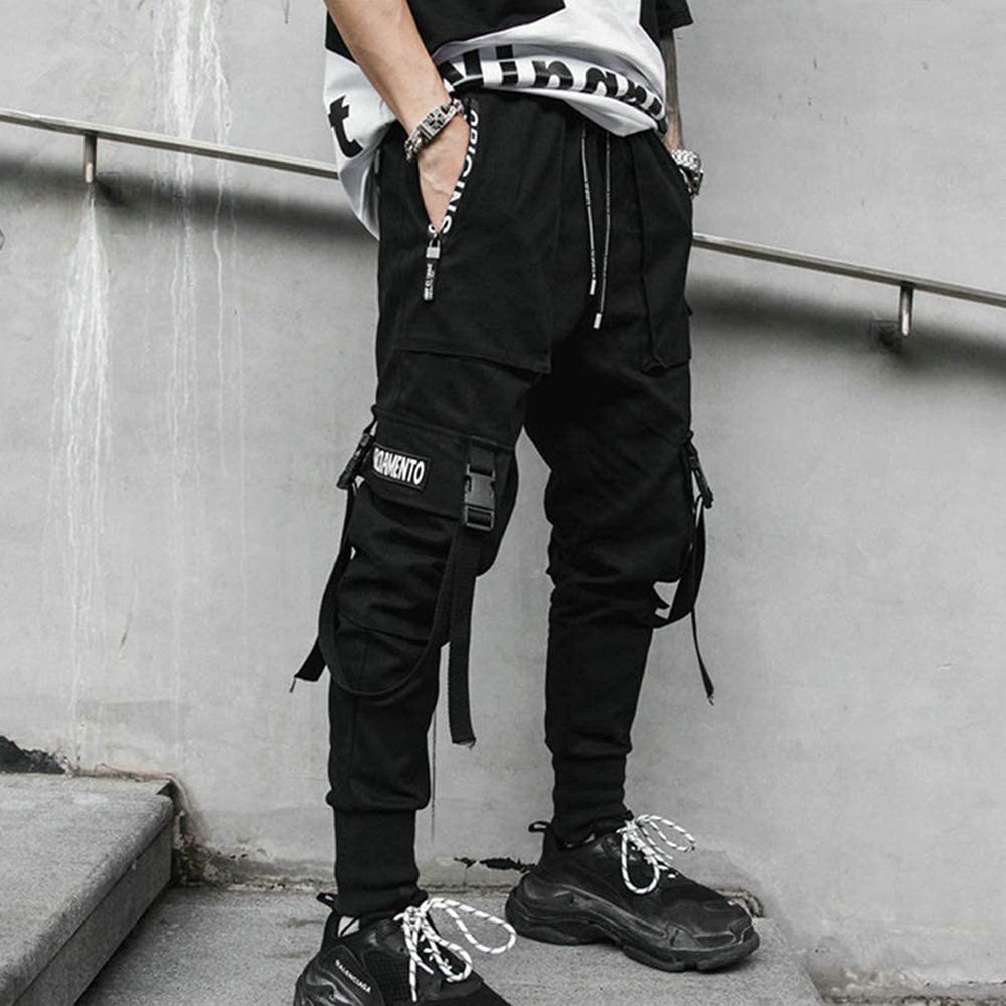 XYXIONGMAO Men's Jogger Techwear Pants Hip Hop Goth Pants Streetwear Harem Pants Sweat Pants Tactical Track Pants Multi Pocket Black Joggers Cargo Cool Baggy Pants (Black, XXL)