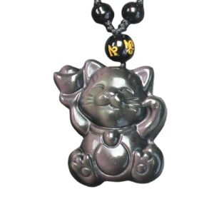 natural rainbow obsidian crystal fortune lucky cat necklace amulet pendant bead with adjustable bead chain for women or men