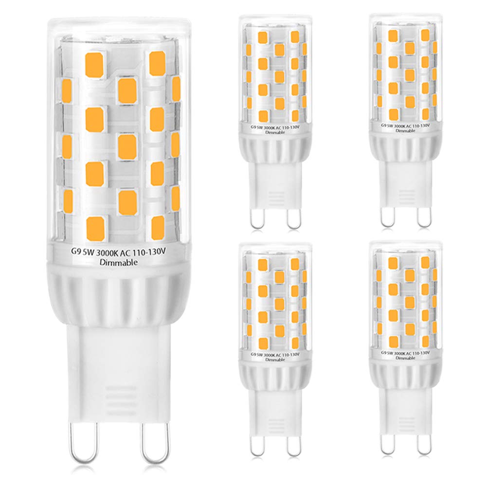 KLG G9 Dimmable LED Light Bulb 5W Warm White 3000K, 40W 60W Halogen Equivalent, G9 Bi-Pin Base Bulbs, 500LM, AC 120V for Home Lighting, Pack of 5