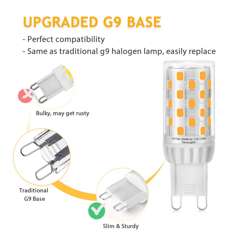 KLG G9 Dimmable LED Light Bulb 5W Warm White 3000K, 40W 60W Halogen Equivalent, G9 Bi-Pin Base Bulbs, 500LM, AC 120V for Home Lighting, Pack of 5