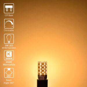 KLG G9 Dimmable LED Light Bulb 5W Warm White 3000K, 40W 60W Halogen Equivalent, G9 Bi-Pin Base Bulbs, 500LM, AC 120V for Home Lighting, Pack of 5