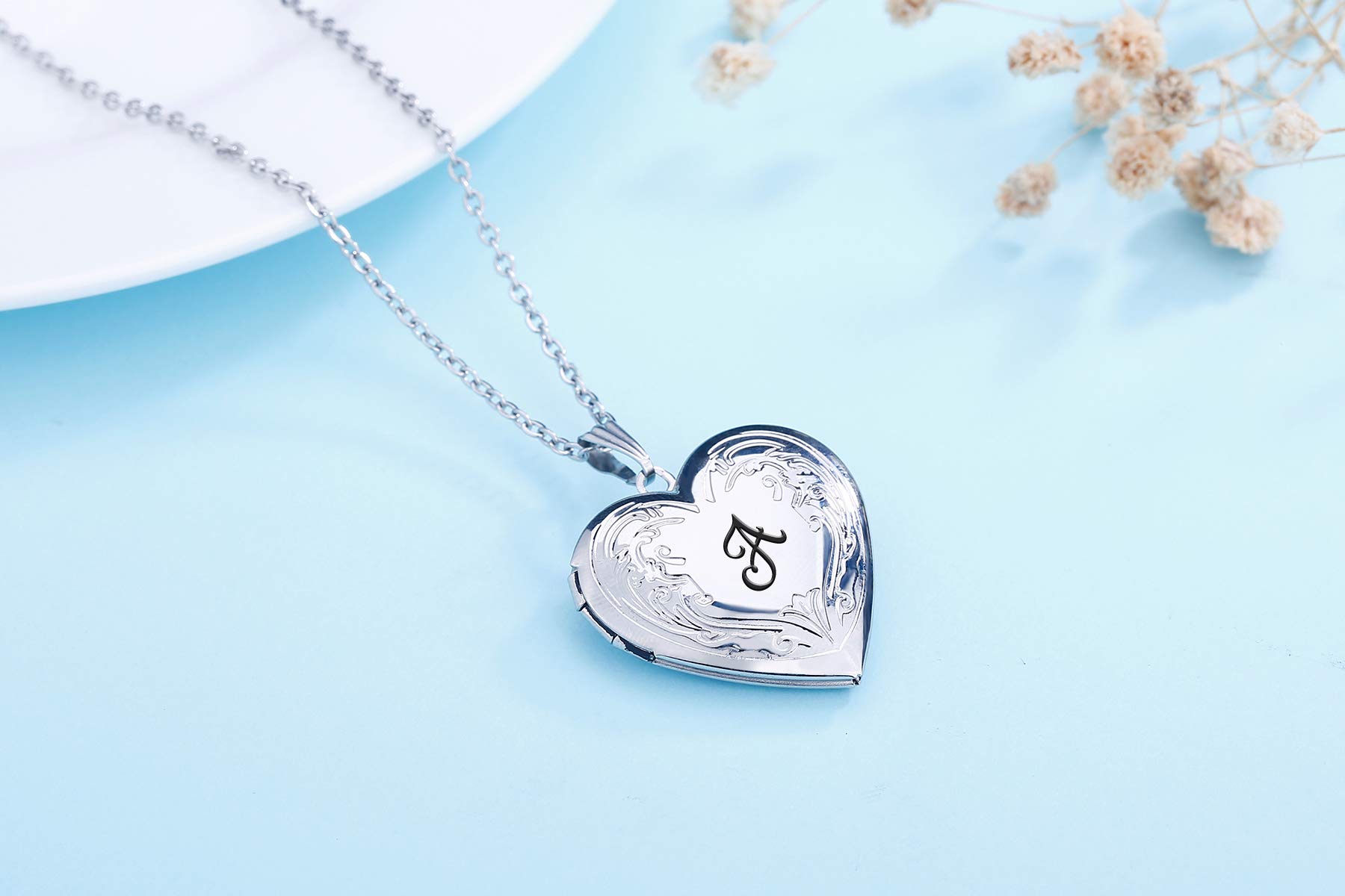 YOUFENG Locket Necklace that Holds Pictures Initial Alphabet A-Z Letter Pendant Necklace Platinum Plated Gifts for Women