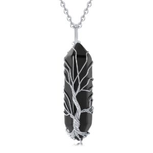 xiannvxi tree of life wire wrapped crystal point pendant necklace reiki healing crystal stone black agate necklaces natural hexagonal gemstone quartz jewelry for women