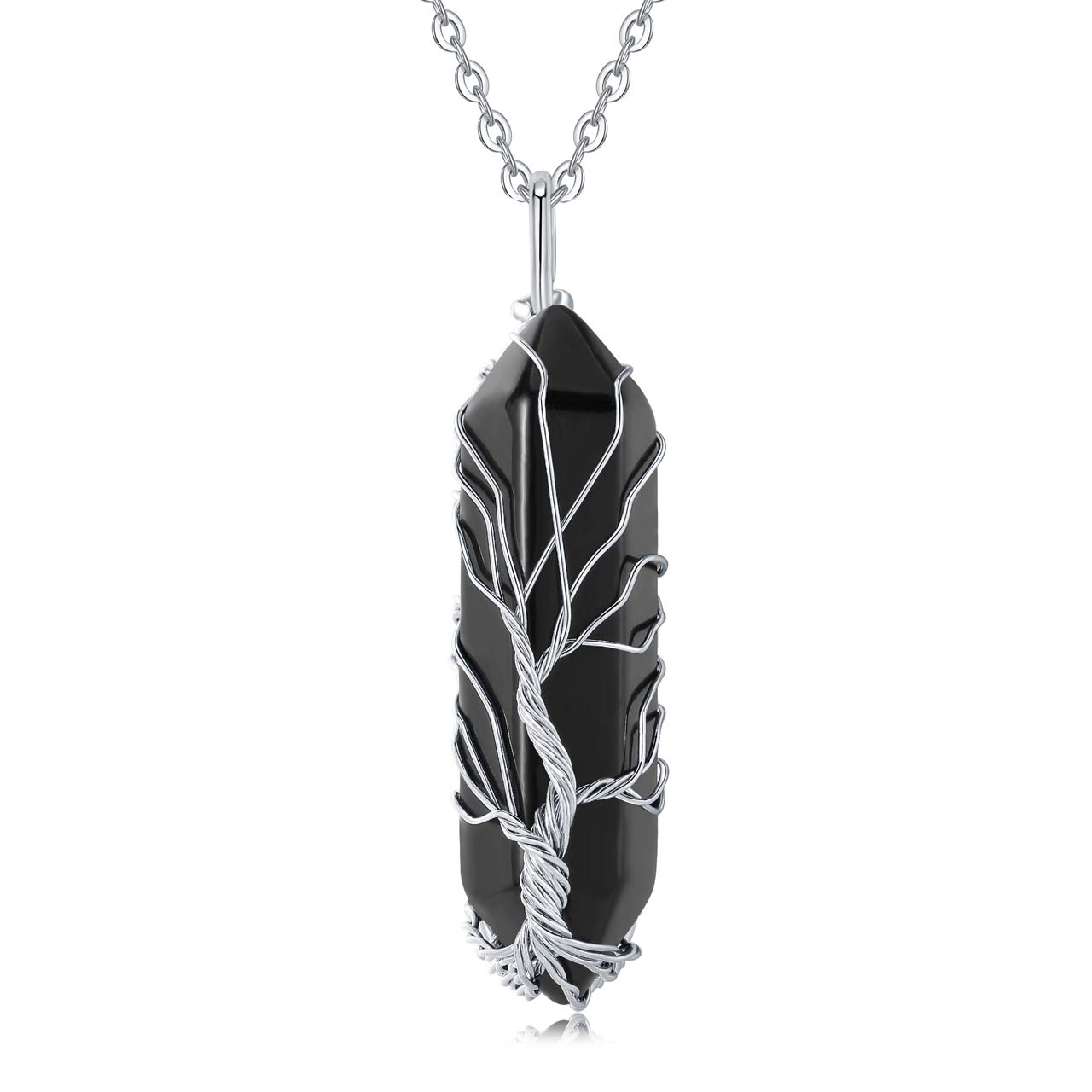 XIANNVXI Tree of Life Wire Wrapped Crystal Point Pendant Necklace Reiki Healing Crystal Stone Black Agate Necklaces Natural Hexagonal Gemstone Quartz Jewelry for Women