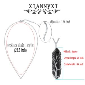 XIANNVXI Tree of Life Wire Wrapped Crystal Point Pendant Necklace Reiki Healing Crystal Stone Black Agate Necklaces Natural Hexagonal Gemstone Quartz Jewelry for Women