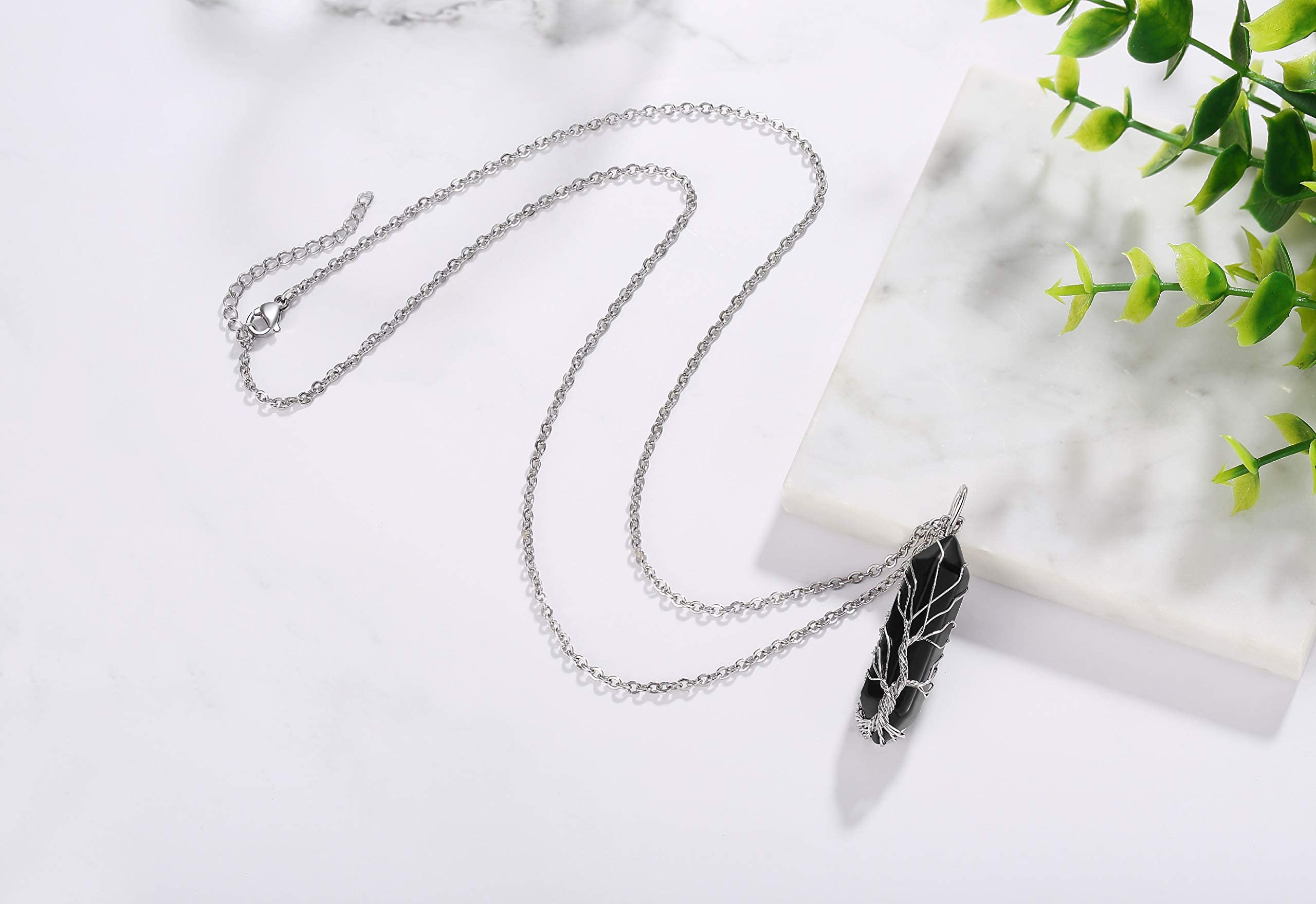 XIANNVXI Tree of Life Wire Wrapped Crystal Point Pendant Necklace Reiki Healing Crystal Stone Black Agate Necklaces Natural Hexagonal Gemstone Quartz Jewelry for Women