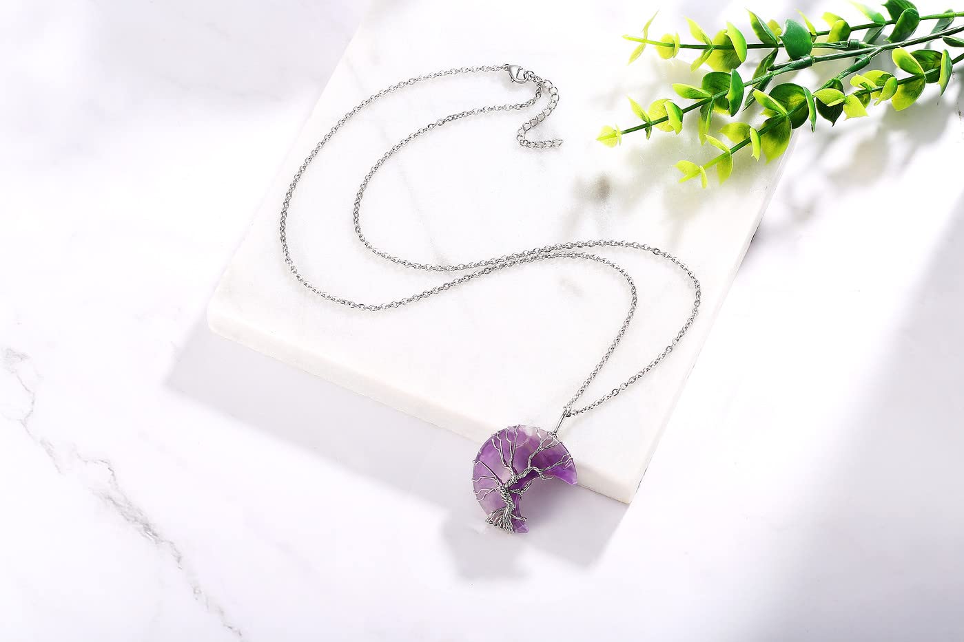 XIANNVXI Amethyst Necklaces for Women Crystal Crescent Moon Necklace Purple Jewelry for Women Trendy Tree of Life Wire Wrapped Pendant Spiritual Witchy Jewelry