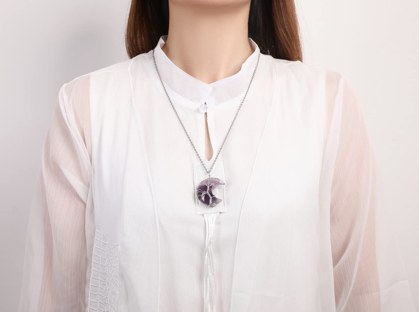 XIANNVXI Amethyst Necklaces for Women Crystal Crescent Moon Necklace Purple Jewelry for Women Trendy Tree of Life Wire Wrapped Pendant Spiritual Witchy Jewelry