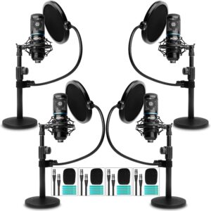 movo podpak4t 4-pack universal xlr podcast microphone bundle- includes 4 cardioid condenser mics, desktop mic stands, pop filters, shock mounts, and cables for podcast equipment