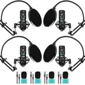 movo podpak4a 4-pack universal xlr condenser microphone podcast equipment bundle for 4 - includes cardioid mics, desk mount stands, shock mounts, pop filters, and audio cables - podcasting, youtube