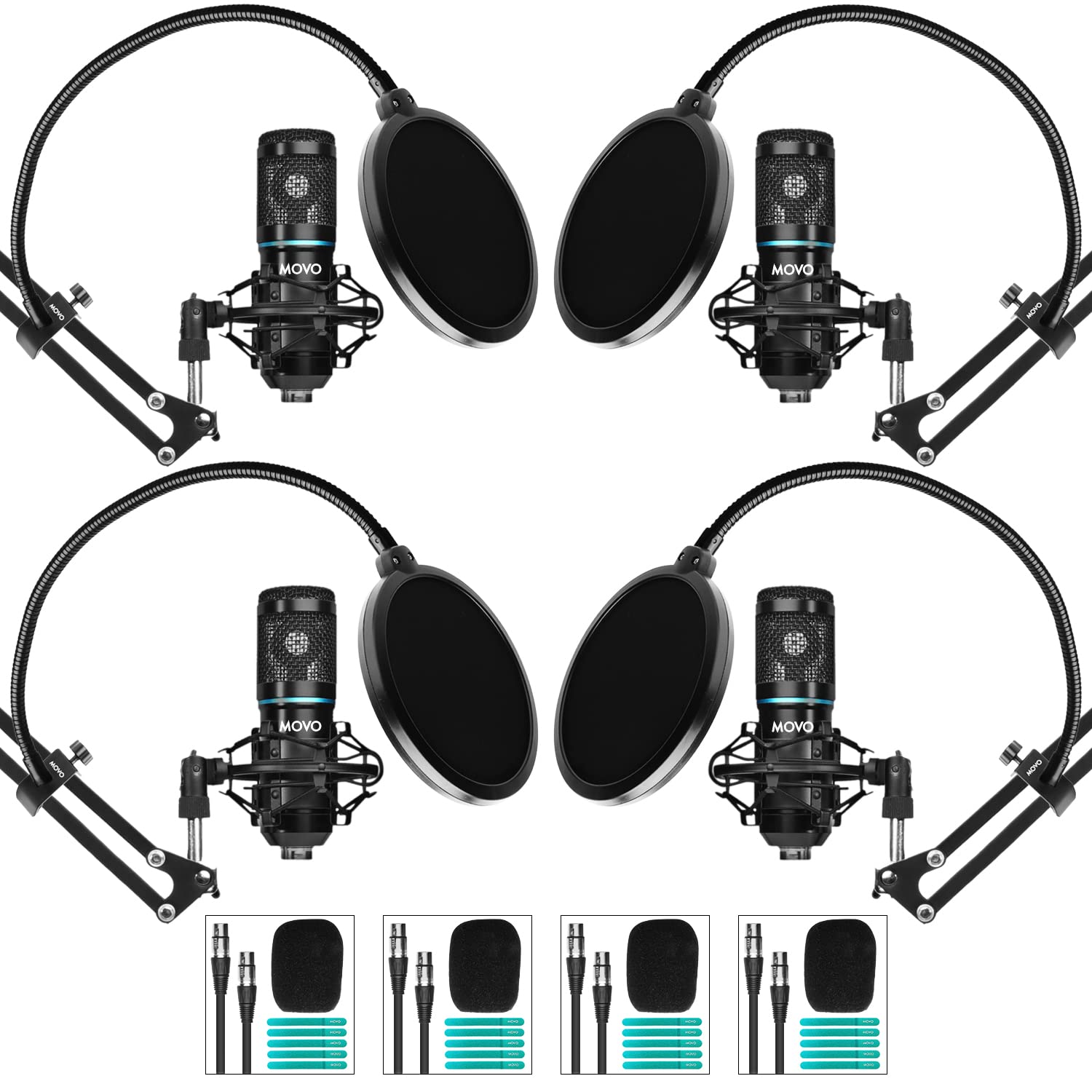 Movo PodPak4A 4-Pack Universal XLR Condenser Microphone Podcast Equipment Bundle for 4 - Includes Cardioid Mics, Desk Mount Stands, Shock Mounts, Pop Filters, and Audio Cables - Podcasting, YouTube