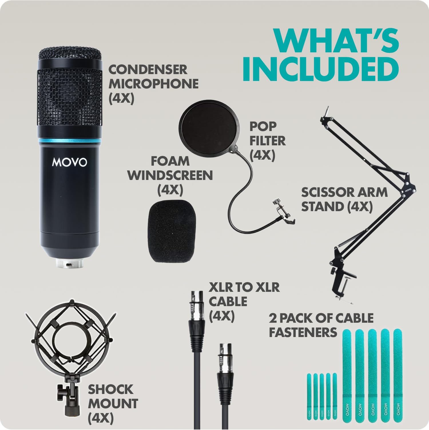 Movo PodPak4A 4-Pack Universal XLR Condenser Microphone Podcast Equipment Bundle for 4 - Includes Cardioid Mics, Desk Mount Stands, Shock Mounts, Pop Filters, and Audio Cables - Podcasting, YouTube