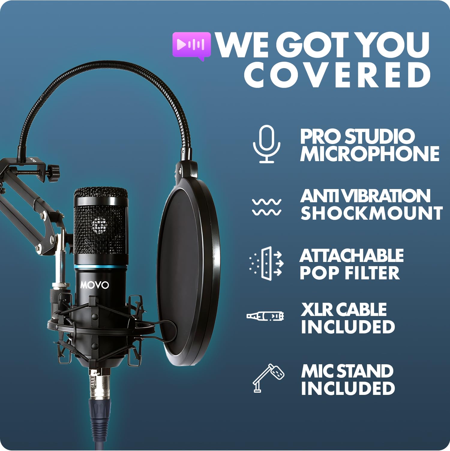 Movo PodPak4A 4-Pack Universal XLR Condenser Microphone Podcast Equipment Bundle for 4 - Includes Cardioid Mics, Desk Mount Stands, Shock Mounts, Pop Filters, and Audio Cables - Podcasting, YouTube