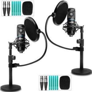 movo podpak2t 2-pack universal xlr condenser microphone podcasting equipment bundle for 2 - includes 2 cardioid mics, desktop stands, shock mounts, pop filters and cables - podcast and youtube kit