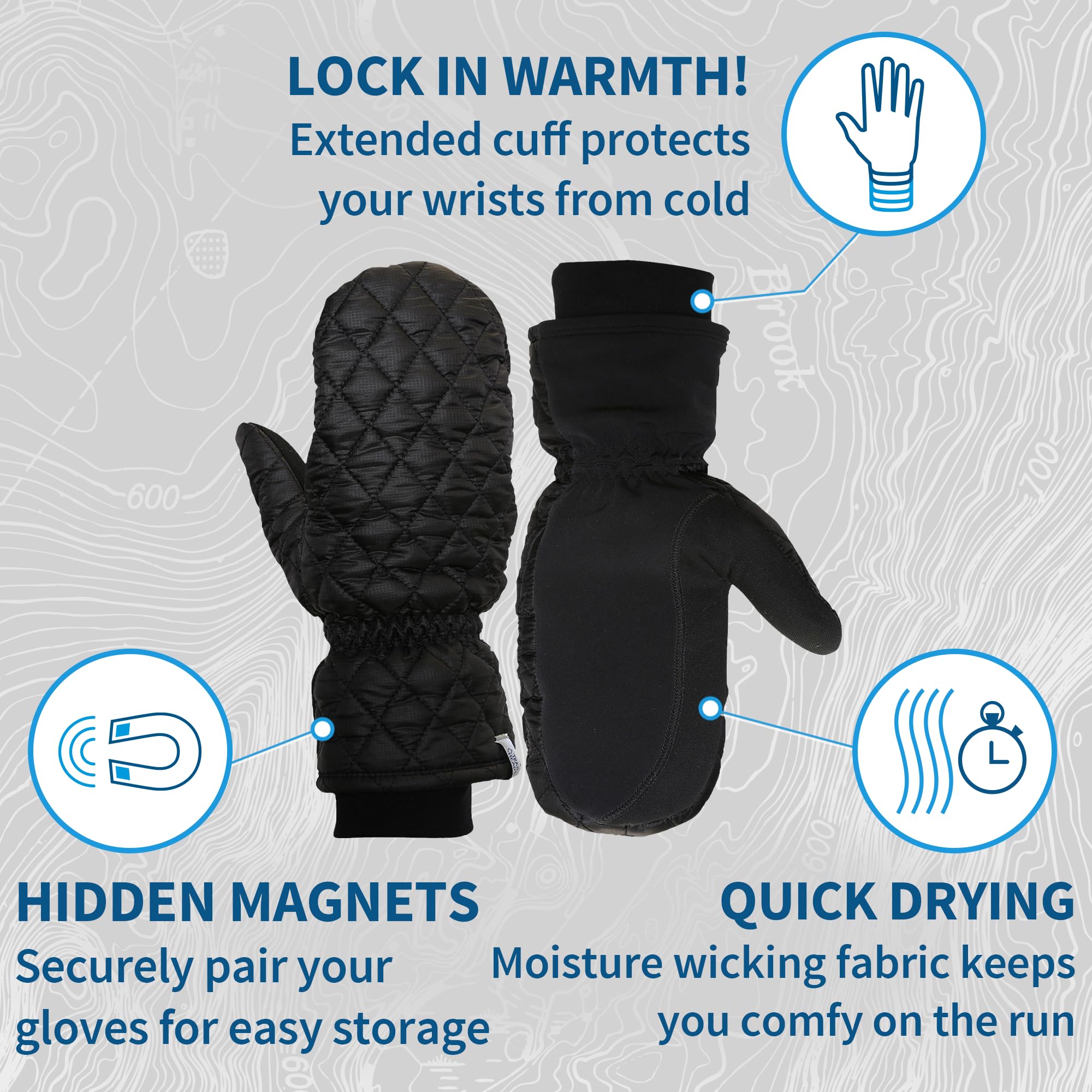 TrailHeads Touchscreen Quilted Running Mittens for Women | Insulated Hand Protection - Small