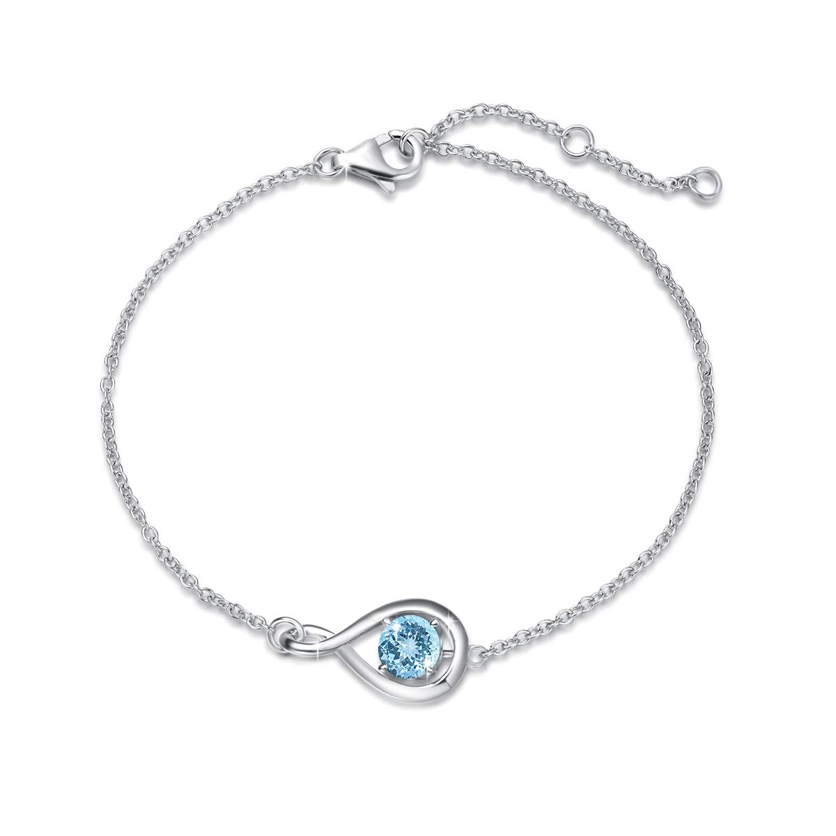 FANCIME Aquamarine Bracelet 925 Sterling Silver Infinity Bracelet Blue Gemstone March Birthstone Fine Jewelry Birthday Anniversary Graduation Gifts for Women Her Mom, Length 6.7"+1.2"