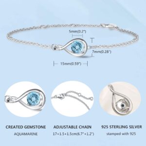 FANCIME Aquamarine Bracelet 925 Sterling Silver Infinity Bracelet Blue Gemstone March Birthstone Fine Jewelry Birthday Anniversary Graduation Gifts for Women Her Mom, Length 6.7"+1.2"