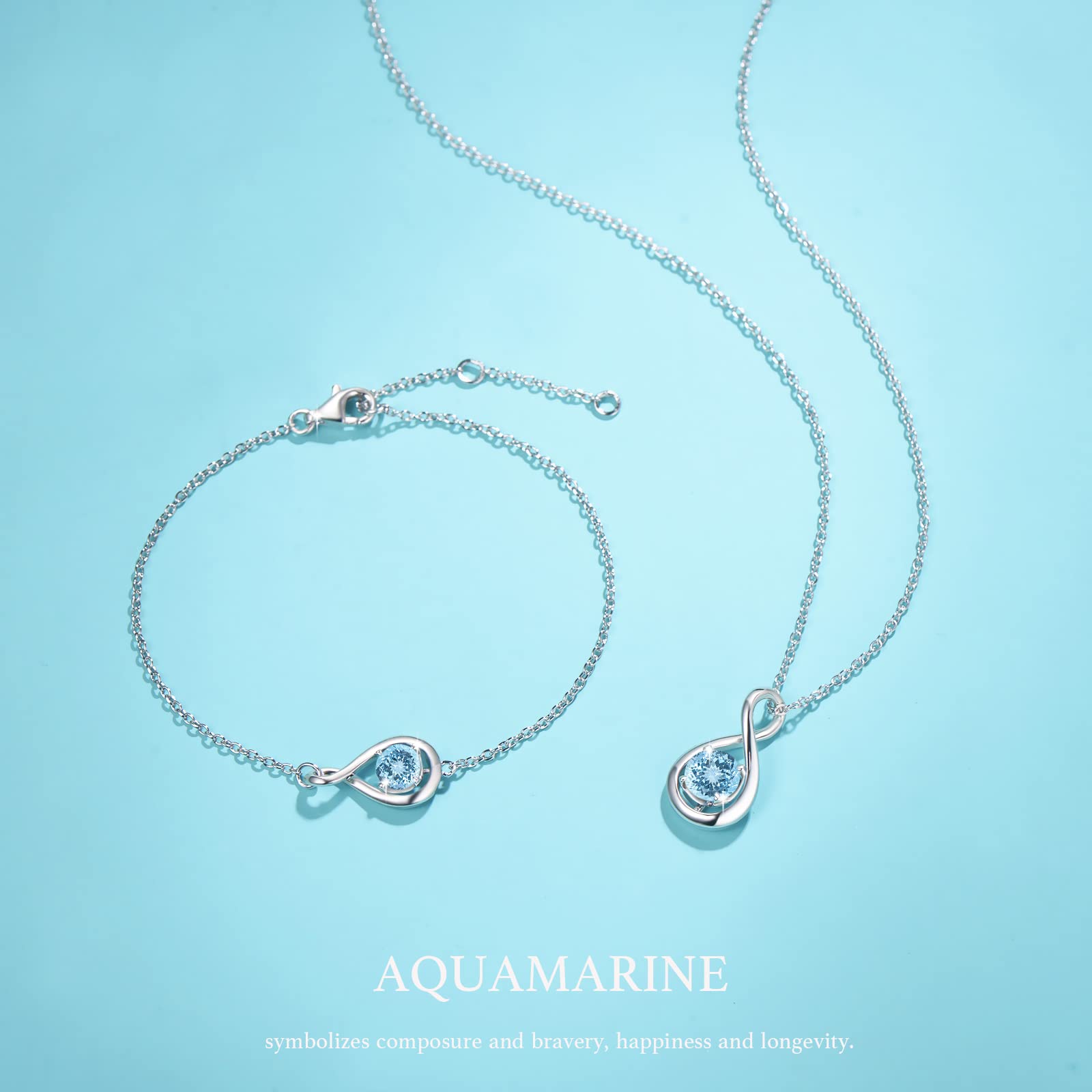 FANCIME Aquamarine Bracelet 925 Sterling Silver Infinity Bracelet Blue Gemstone March Birthstone Fine Jewelry Birthday Anniversary Graduation Gifts for Women Her Mom, Length 6.7"+1.2"