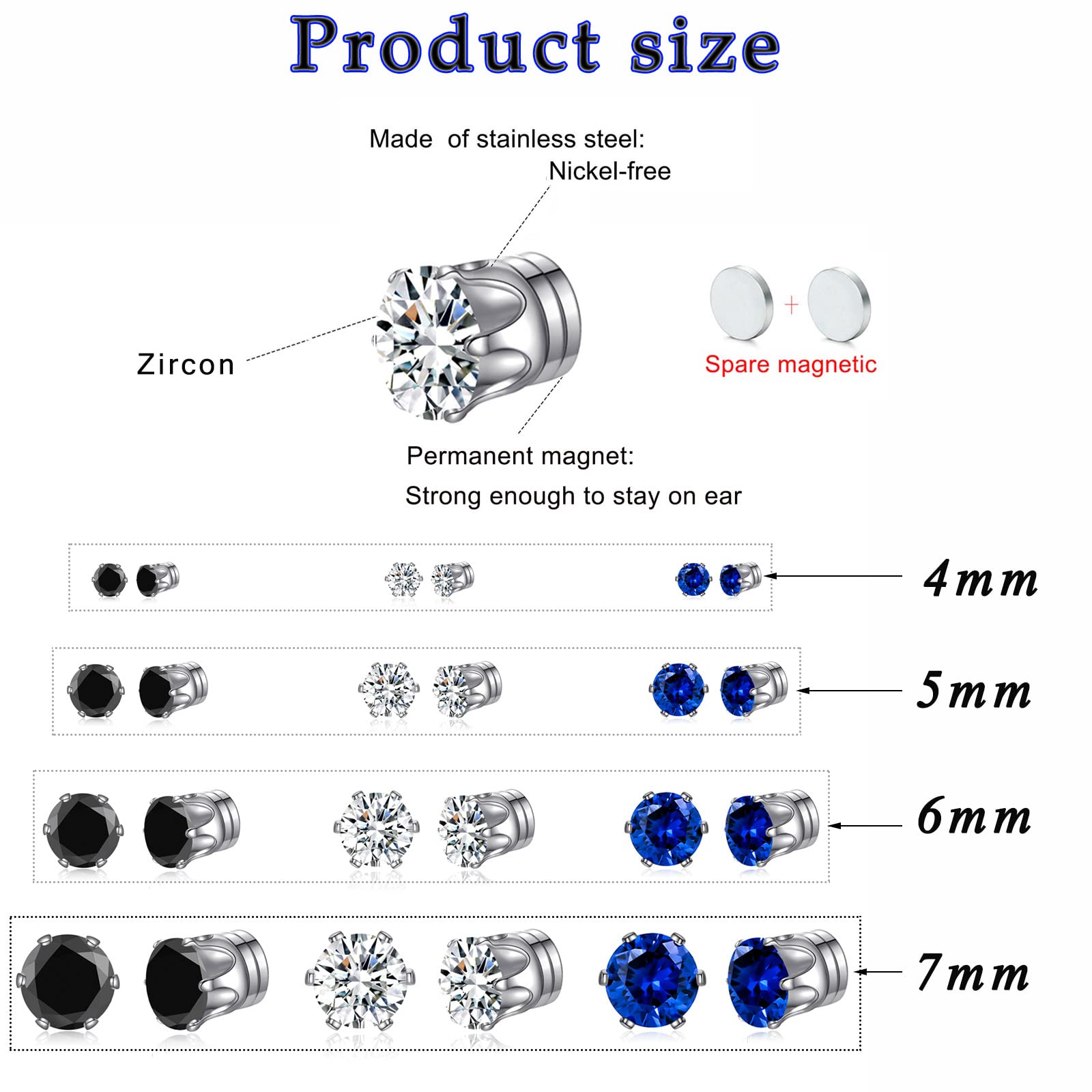 Spiritlele Colorful CZ Magnetic Earrings Set Crystal Clip on Non Pierced Earrings Fake Stud Earrings for Women Men