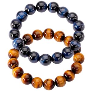 jewever original natural tigereye gemstone 12mm smooth round beads stretch bracelet unisex(blue yellow,2pieces)