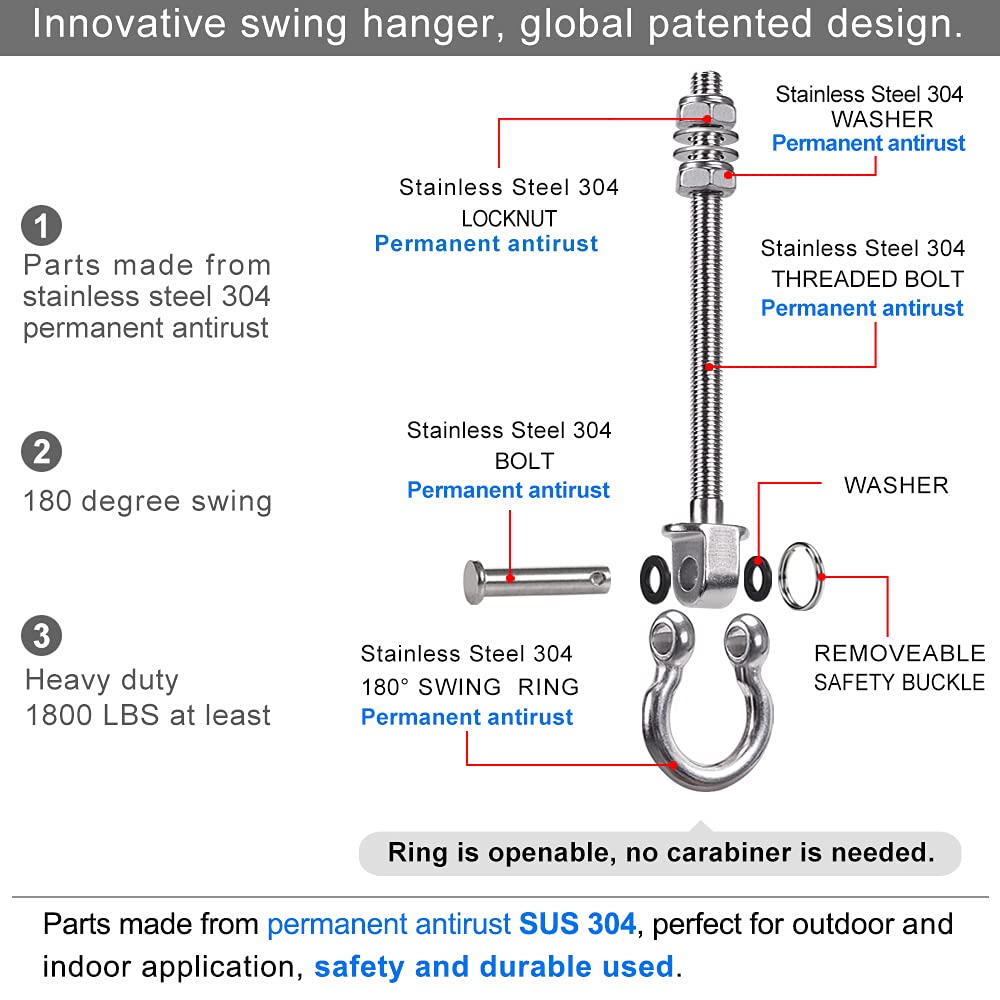 BeneLabel 6Pcs Wood Beam & I-Beam Hanger, Permanent Antirust Stainless Steel Heavy Duty Swing Hooks, Yoga Hammock Chair Sandbag, Swing Sets Hardware, 180° Swing, 7" x M2/5"