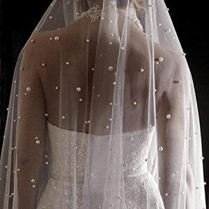 Pearl Wedding Veil for Bride Long Bridal Veil with Beading Comb Cathedral Length (Ivory,3Meters)