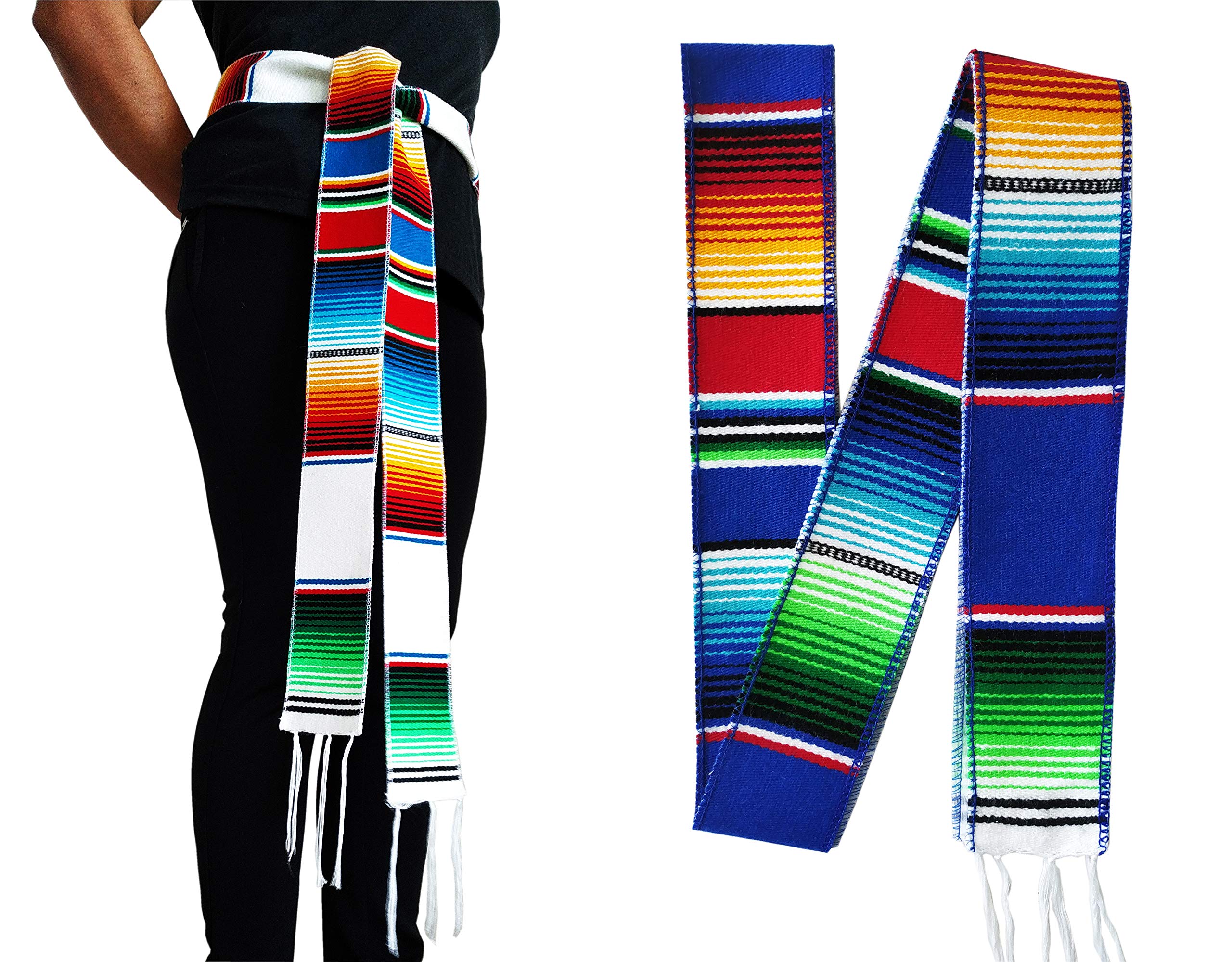 Yani's Gifts Serape Belts Blue and White 2 Pack Cinto Mexicano for Women or Men, Mexican Sash Belts