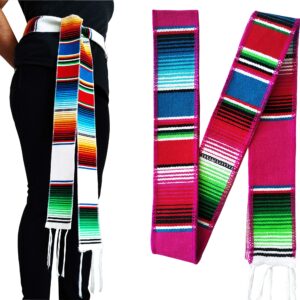 Yani's Gifts 2 Pack Mexican Sash Belts for Women or Men, Serape Belt Cinto Mexicano, Fuchsia and White