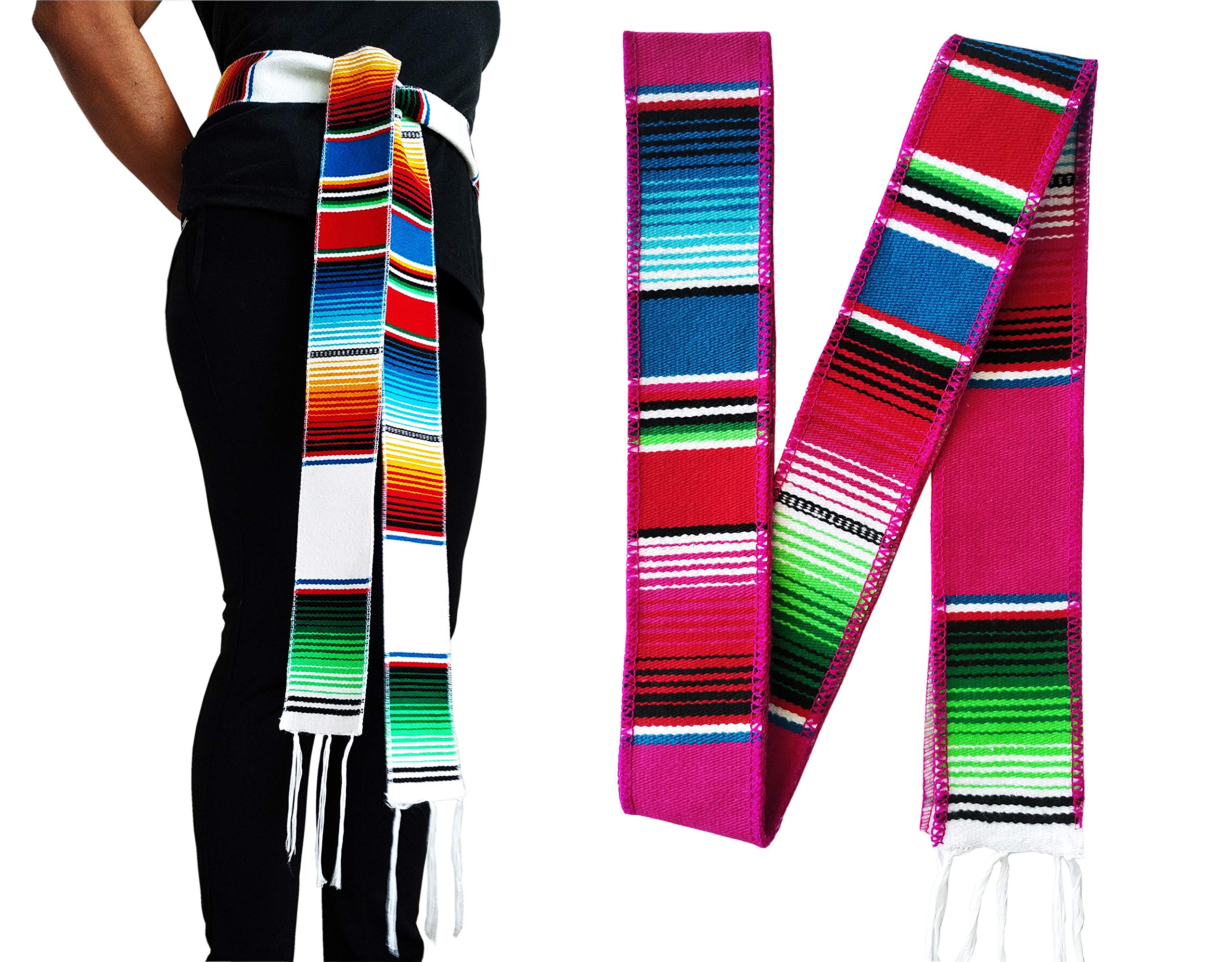 Yani's Gifts 2 Pack Mexican Sash Belts for Women or Men, Serape Belt Cinto Mexicano, Fuchsia and White