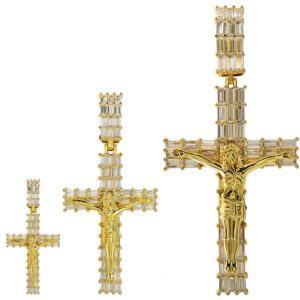 harlembling real 925 sterling silver - 14k gold finish - iced baguette cross w. jesus pendant - 3 sizes great for any necklace 1-2.5" (medium 1.5")