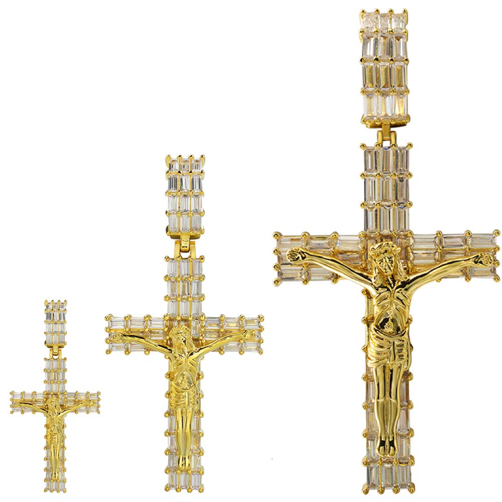 HarlemBling Real 925 Sterling Silver - 14k Gold Finish - Iced Baguette Cross W. Jesus Pendant - 3 Sizes Great For Any Necklace 1-2.5" (Medium 1.5")