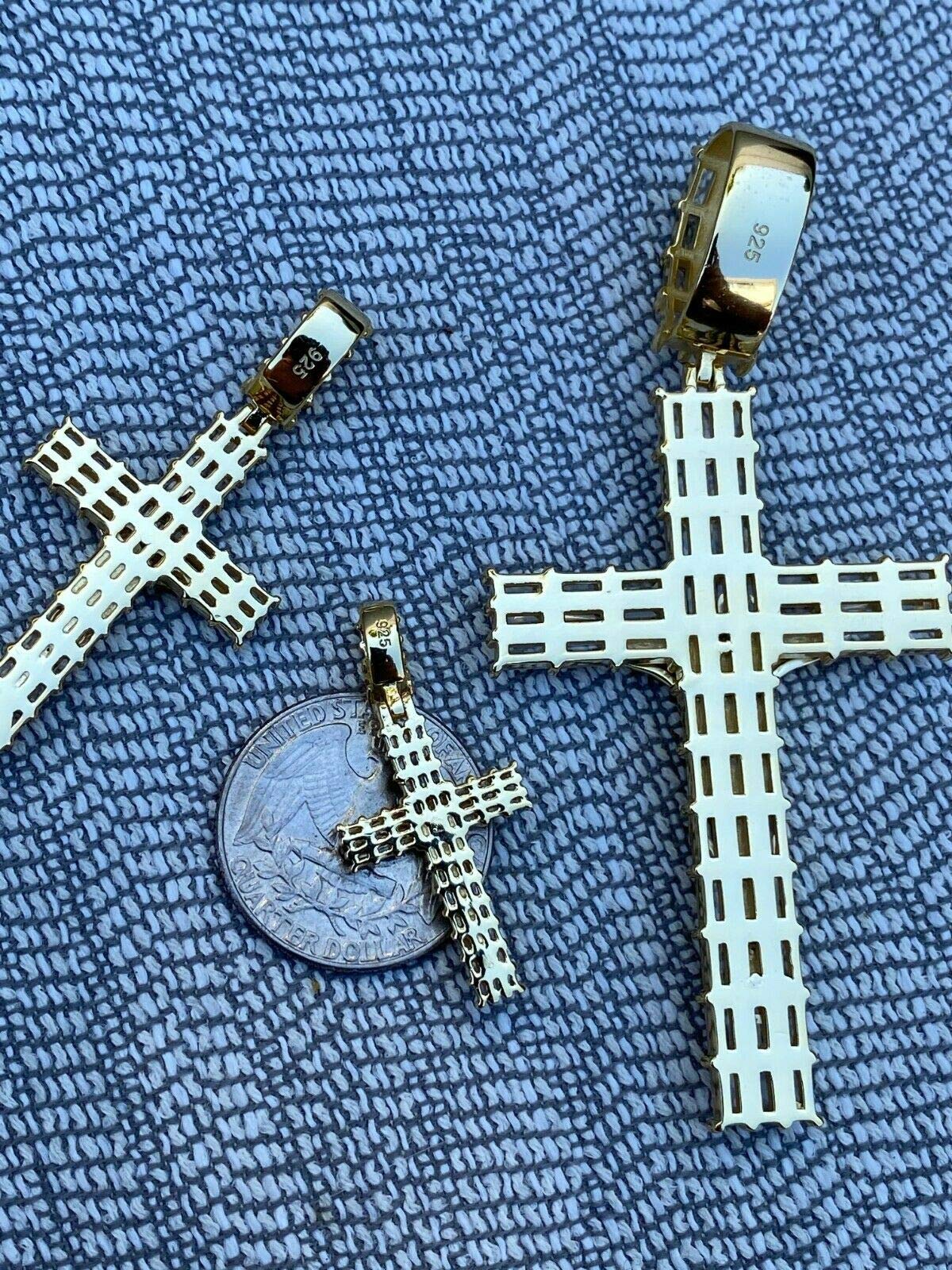 HarlemBling Real 925 Sterling Silver - 14k Gold Finish - Iced Baguette Cross W. Jesus Pendant - 3 Sizes Great For Any Necklace 1-2.5" (Medium 1.5")