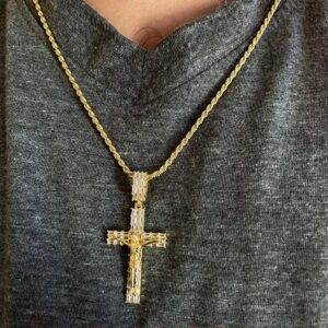 HarlemBling Real 925 Sterling Silver - 14k Gold Finish - Iced Baguette Cross W. Jesus Pendant - 3 Sizes Great For Any Necklace 1-2.5" (Medium 1.5")