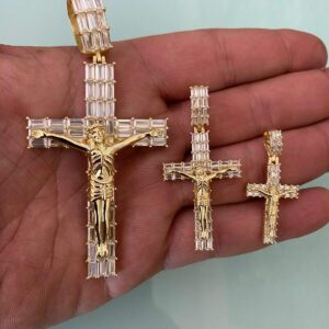 HarlemBling Real 925 Sterling Silver - 14k Gold Finish - Iced Baguette Cross W. Jesus Pendant - 3 Sizes Great For Any Necklace 1-2.5" (Medium 1.5")