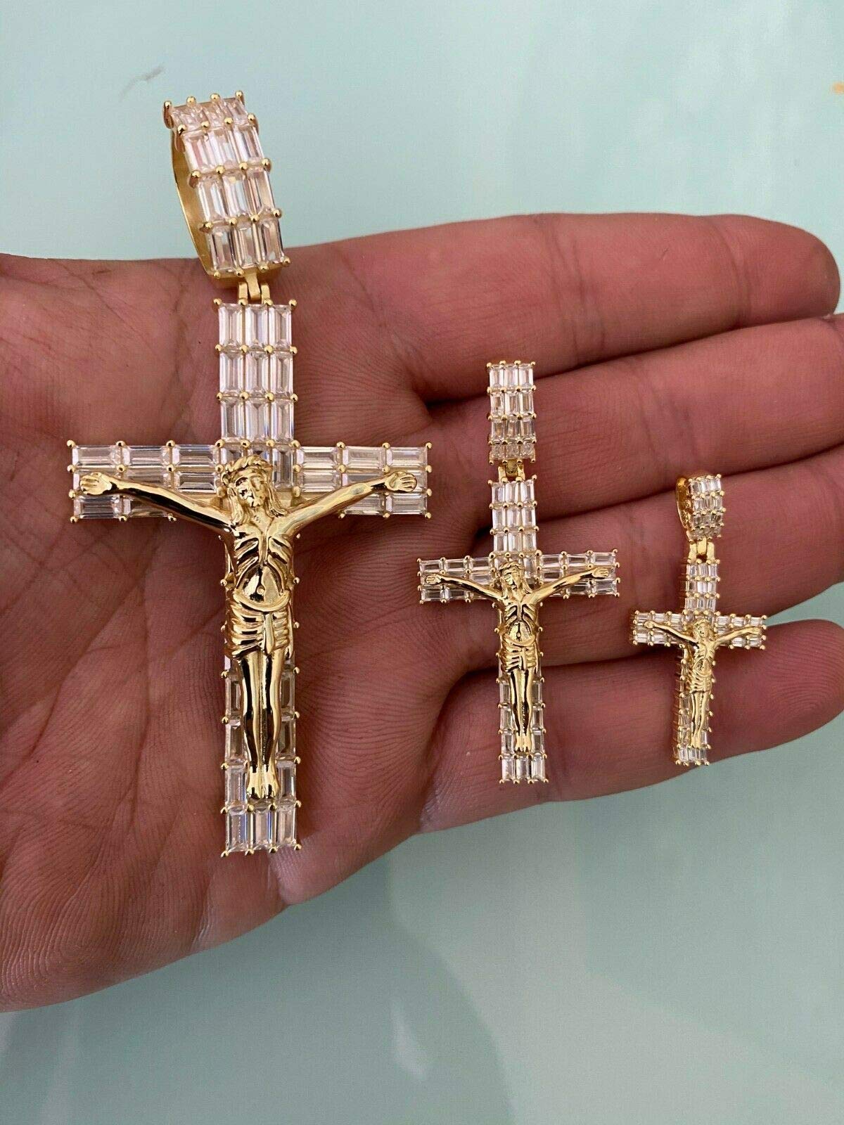 HarlemBling Real 925 Sterling Silver - 14k Gold Finish - Iced Baguette Cross W. Jesus Pendant - 3 Sizes Great For Any Necklace 1-2.5" (Medium 1.5")