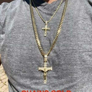 HarlemBling Real 925 Sterling Silver - 14k Gold Finish - Iced Baguette Cross W. Jesus Pendant - 3 Sizes Great For Any Necklace 1-2.5" (Medium 1.5")