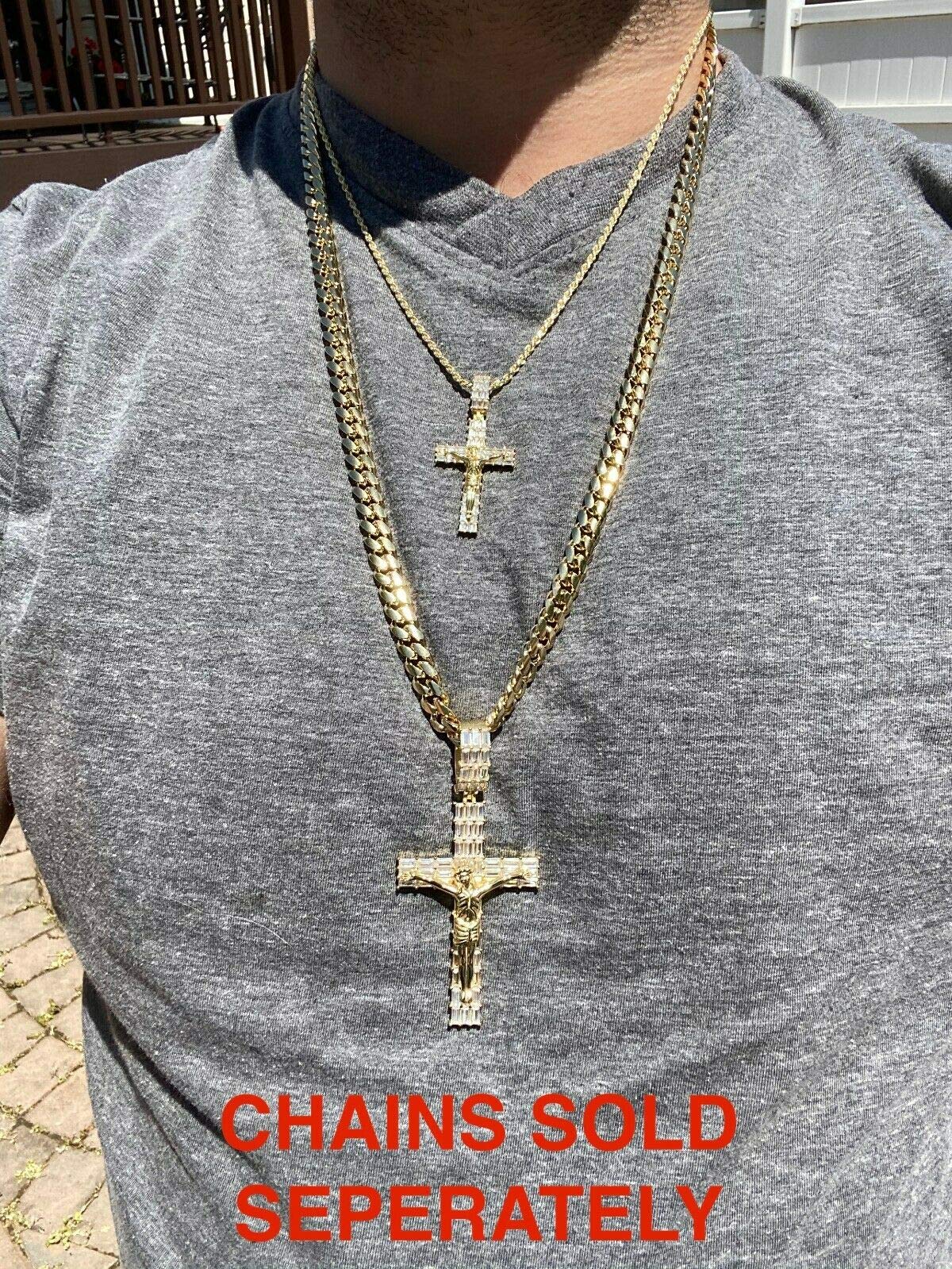 HarlemBling Real 925 Sterling Silver - 14k Gold Finish - Iced Baguette Cross W. Jesus Pendant - 3 Sizes Great For Any Necklace 1-2.5" (Medium 1.5")