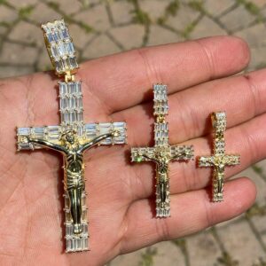 HarlemBling Real 925 Sterling Silver - 14k Gold Finish - Iced Baguette Cross W. Jesus Pendant - 3 Sizes Great For Any Necklace 1-2.5" (Medium 1.5")