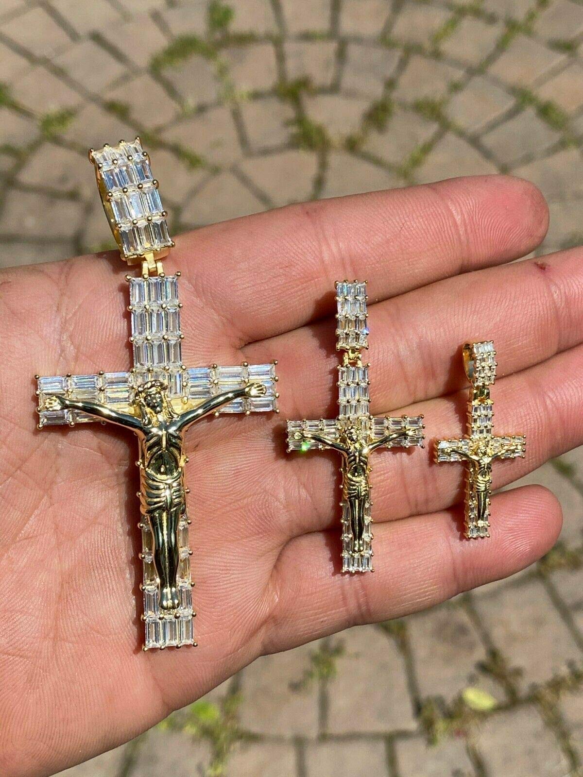 HarlemBling Real 925 Sterling Silver - 14k Gold Finish - Iced Baguette Cross W. Jesus Pendant - 3 Sizes Great For Any Necklace 1-2.5" (Medium 1.5")