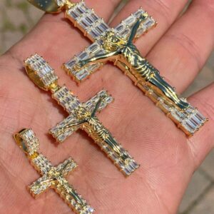 HarlemBling Real 925 Sterling Silver - 14k Gold Finish - Iced Baguette Cross W. Jesus Pendant - 3 Sizes Great For Any Necklace 1-2.5" (Medium 1.5")